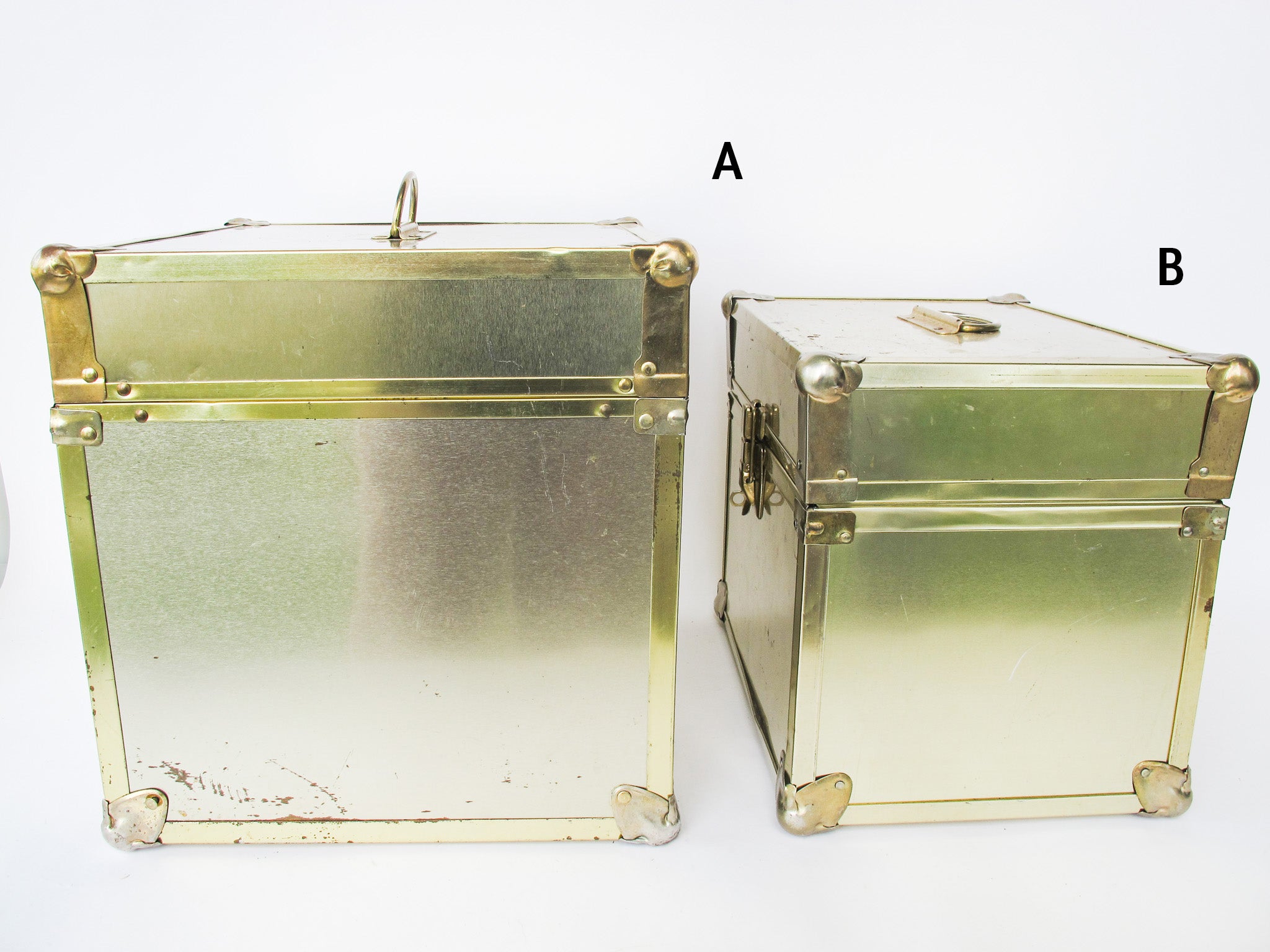 Metallic Chrome and Brass Sheet Metal Wood Trunks (Each Sold Separatel ...