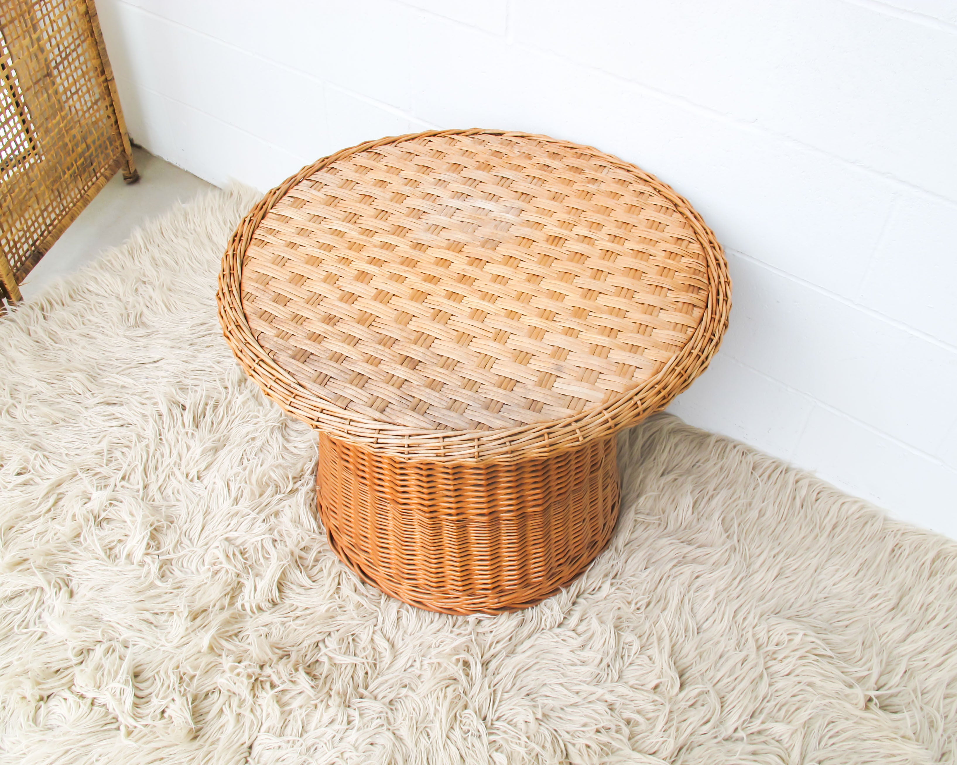 Rattan Wicker Drum Side Table - Made in Yugoslavia – Portland Revibe