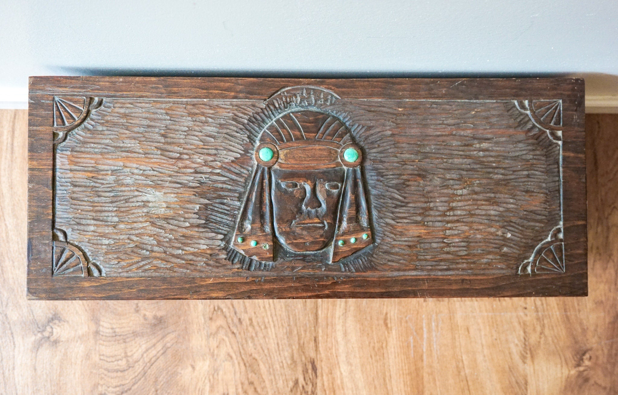 Wood Humidor / Tobacco Pipe Chest with Genuine Turquoise Inset Stones ...