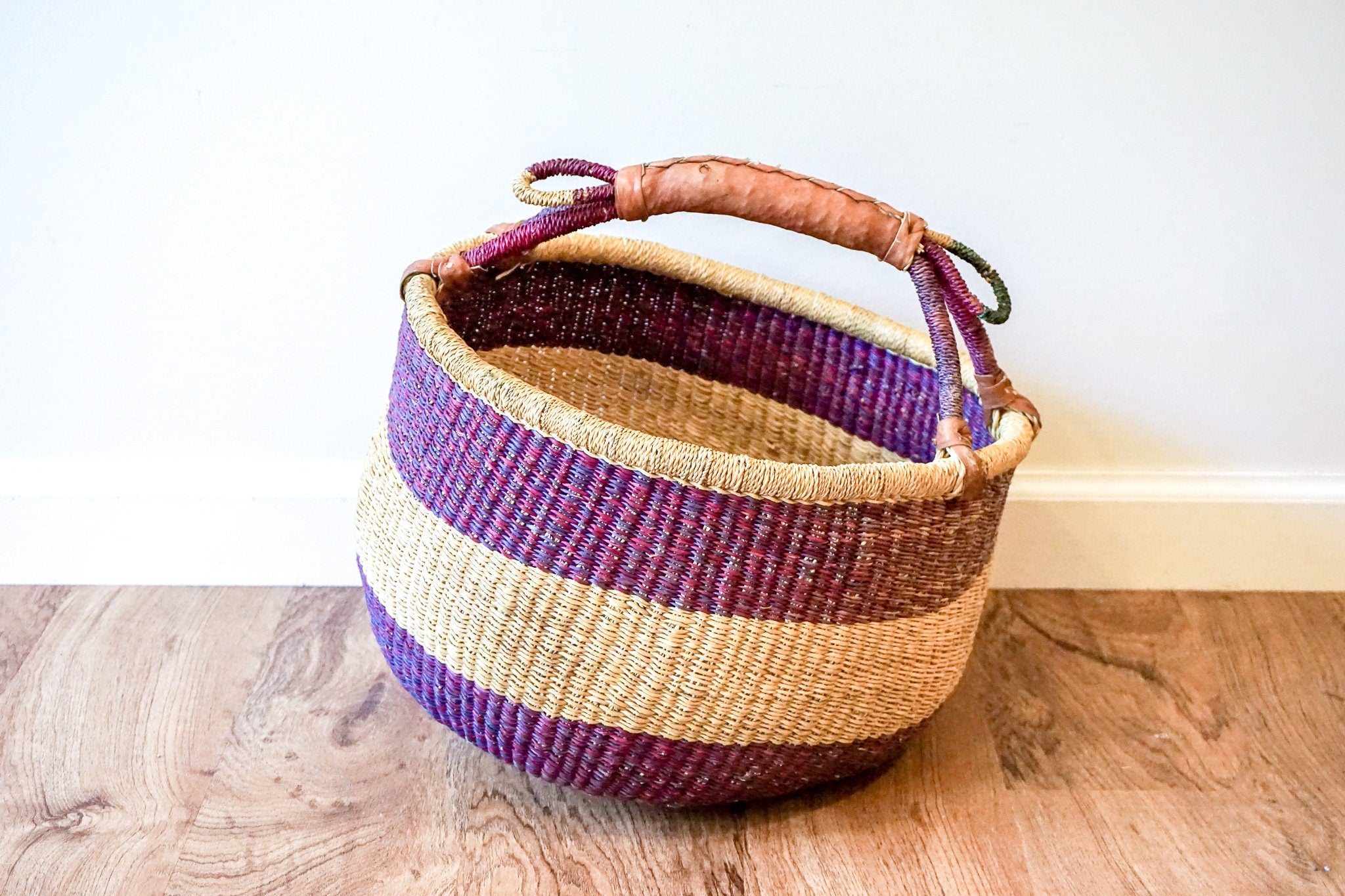 African Woven Market Basket with Leather Handle Detail – Portland Revibe